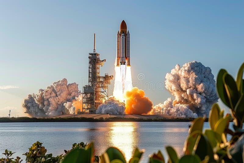 Energetic Spaceship Launch with Flames in a Modern Spaceport Setting ...