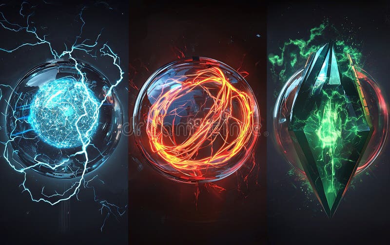 Energetic Spheres Showcasing Electric, Fire, and Crystal Elements ...