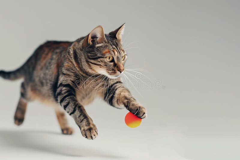 Energetic Tabby Cat Captured in Motion As it Playfully Hits a Bright ...