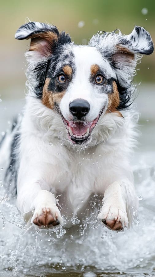 Energetic Tri-color Border Collie Joyfully Running through Water Splash ...