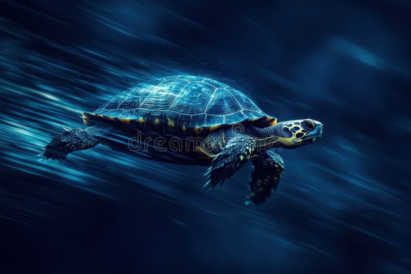 Energetic Turtle Sprinting in Dark Blue Background Stock Image - Image ...