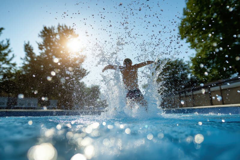 Energetic Water Splash Explodes Under Sunlight As Person Leaps into ...