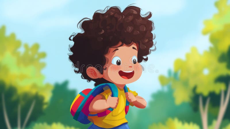 Energetic Young Boy with Curly Hair and Backpack Enjoying Sunny ...