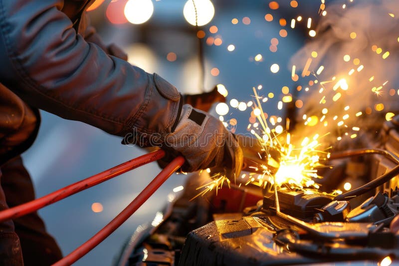 Energizing Car Battery with Jumper Cables Close-up of Sparks Flying ...