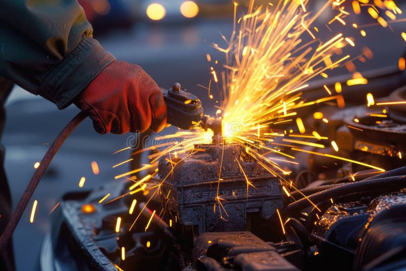 Energizing Car Battery with Jumper Cables Close-up of Sparks Flying ...