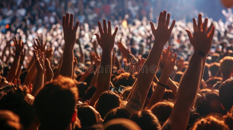 Energizing Concert Atmosphere, Crowd with Raised Hands Against Solid ...