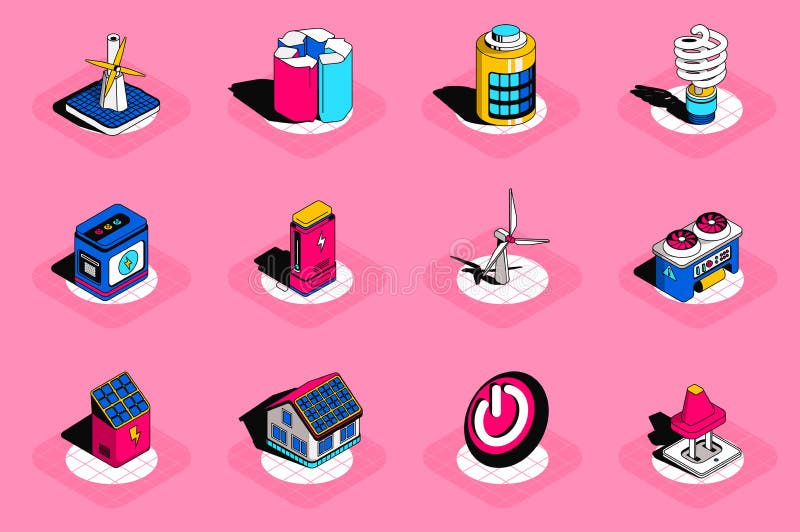 Energy and Alternative Sources 3d Isometric Icons Set. Vector ...