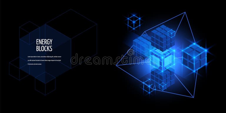Energy Blocks Vector Banner, Neon Blue Cube High Tech Virtual ...