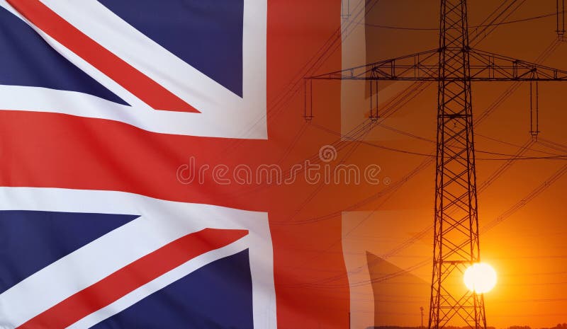 Energy Concept Great Britain Flag with Sunset Power Pole Stock Photo ...