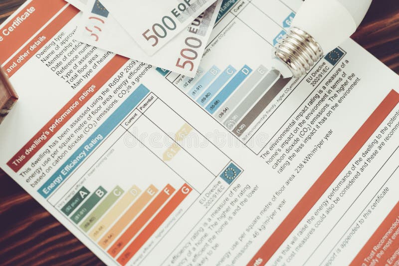 Energy Efficiency Certificate with Bulbs on Table. Stock Photo - Image ...