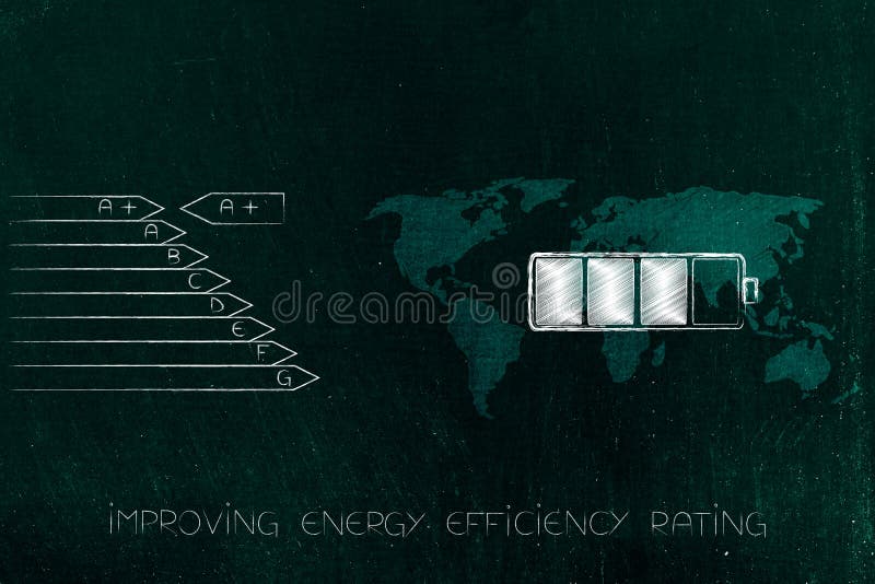 Energy Efficiency Chart Next To Battery Icon Over World Map Stock ...