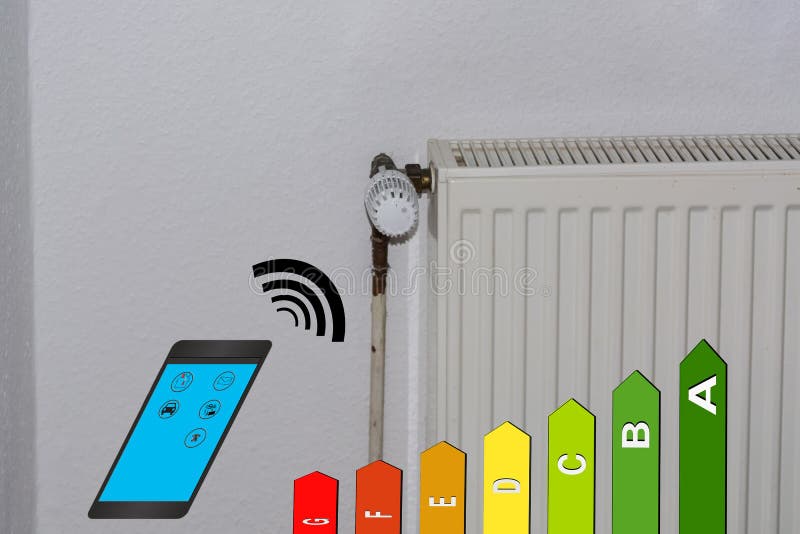 Energy Efficiency Class Symbol, Radiator and Smartphone. Stock Image ...