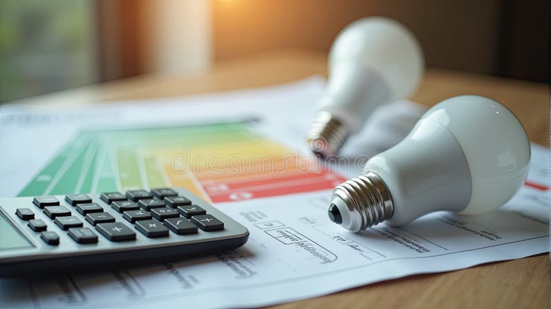 Energy-Efficient Light Bulbs and Calculator for Savings, Ai Stock Image ...