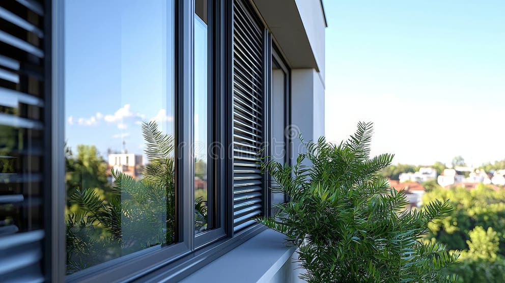 Energy Efficient Window with Modern Design and Greenery Outside Stock ...