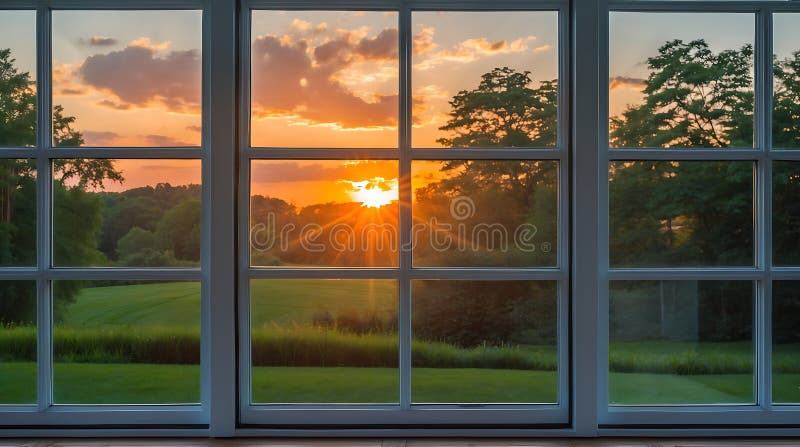Energy-efficient Windows Framing a Sunset View Over Green Fields and ...