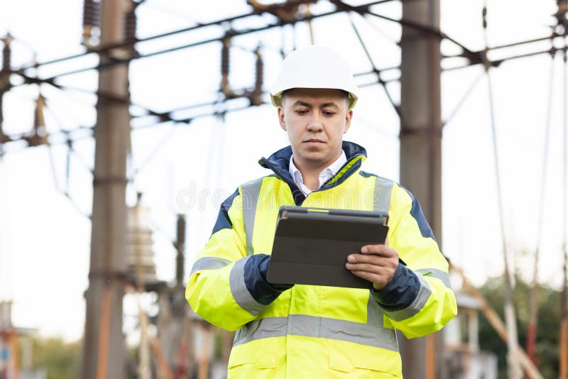 An Energy Engineer Man in Special Clothes Inspects a Power Line Using ...