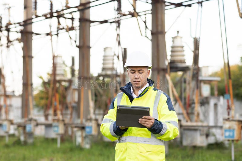 Energy Engineer Man in Special Clothes Inspects a Power Line Using Data ...