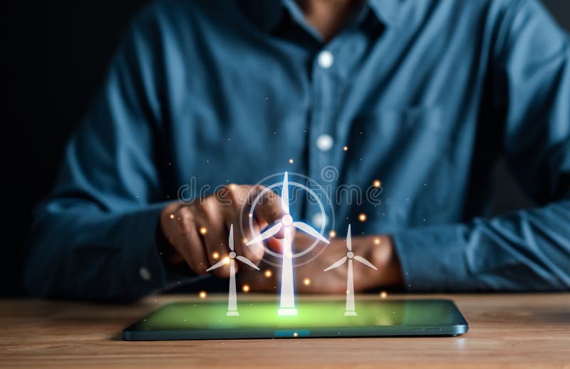 Energy Engineer Using Tablet Virtual Wind Turbine Farm with Map Future ...