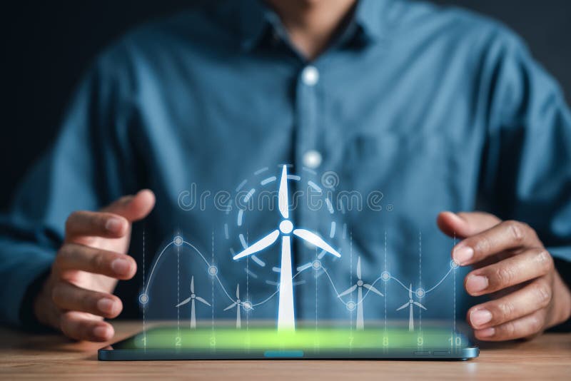 Energy Engineer Using Tablet Virtual Wind Turbine Farm with Map Future ...