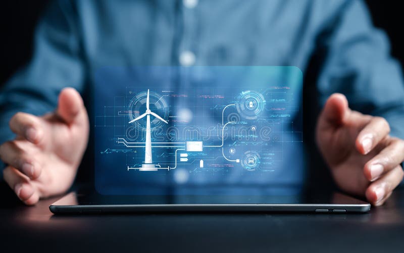 Energy Engineer Using Tablet Virtual Wind Turbine Farm with Map Future ...
