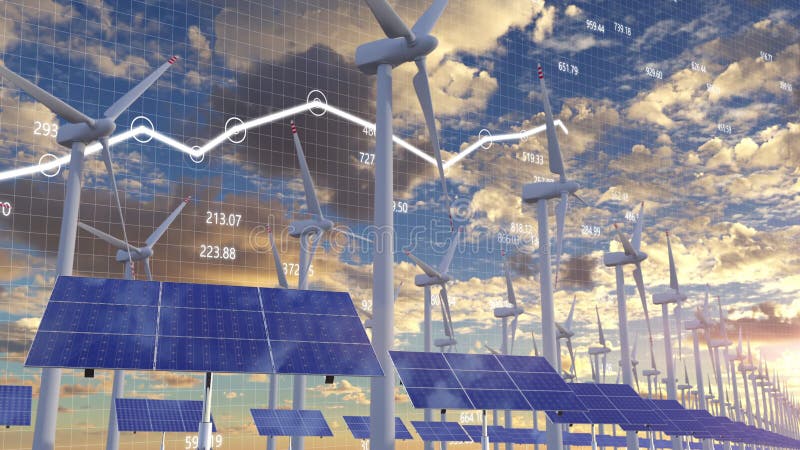 Energy Farm with Wind Turbines and Solar Panels on the Financial Graph ...