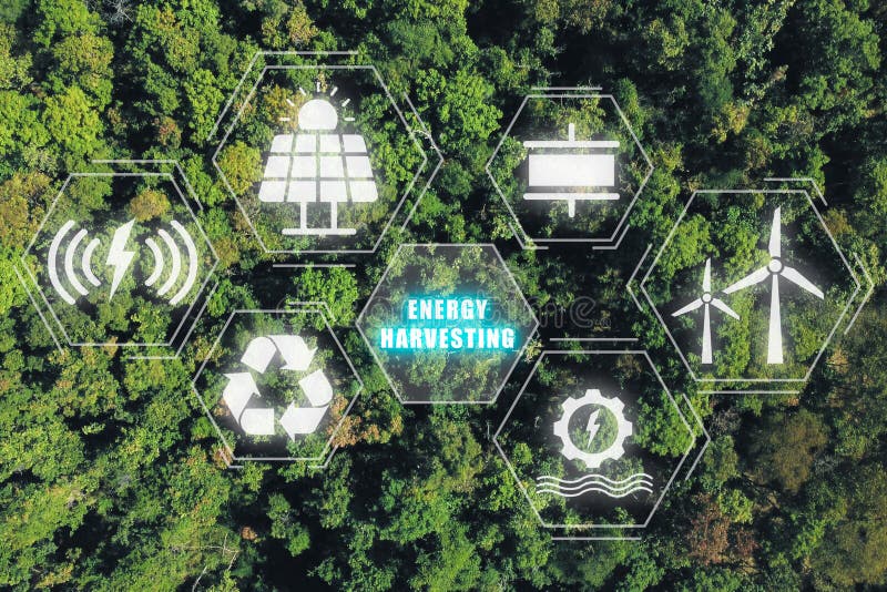 Top View Green Forrest with Energy Harvesting Icon on Virtual Screen ...