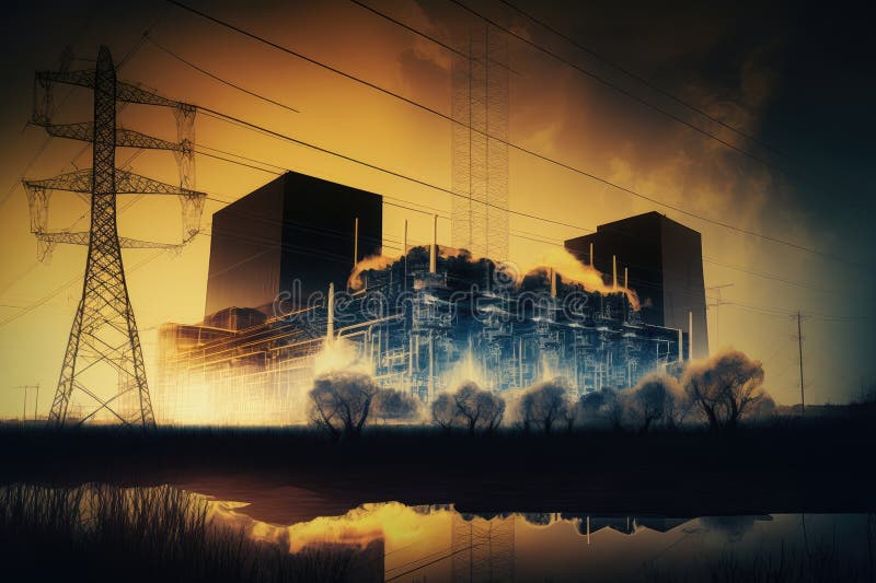 Energy Industry Double Exposure with Abstract Light and Dark Background ...