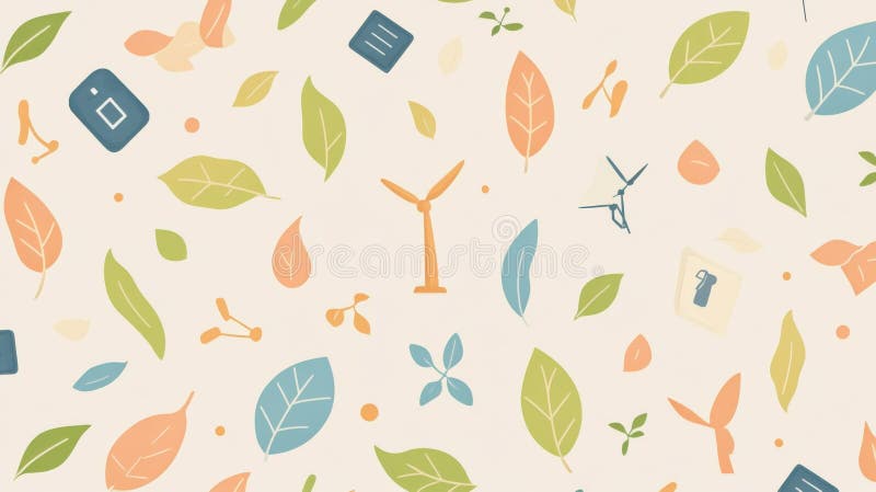Energy Saving Background Pattern with Wind Turbines and Leaves. Vector ...