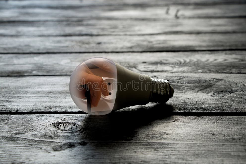 Energy-saving Light Bulb and Inside the Light Bulb, the Hand Inserts ...