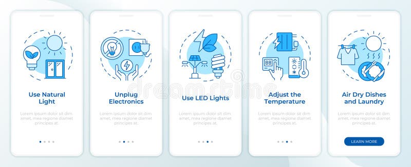 Energy Saving Tips Blue Onboarding Mobile App Screen Stock Vector ...