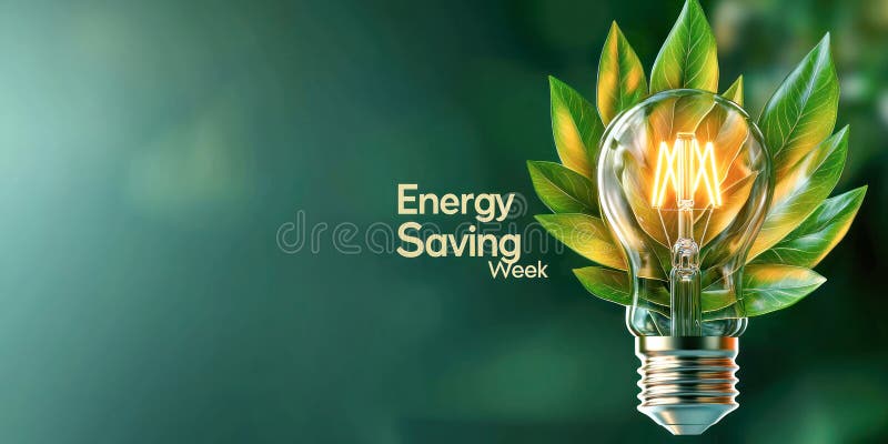 Energy Saving Week Concept with Glowing Light Bulb and Green Leaves on ...