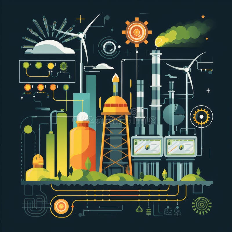 Energy Sources Concept Illustration with Wind Turbines and Nuclear ...