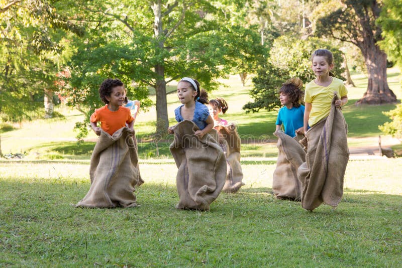 Enfants Ayant Une Course De Sac Dans Le Parc Photo stock - Image du ...