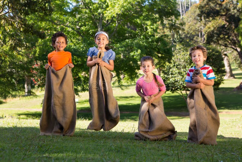 Enfants Ayant Une Course De Sac Dans Le Parc Photo stock - Image du ...