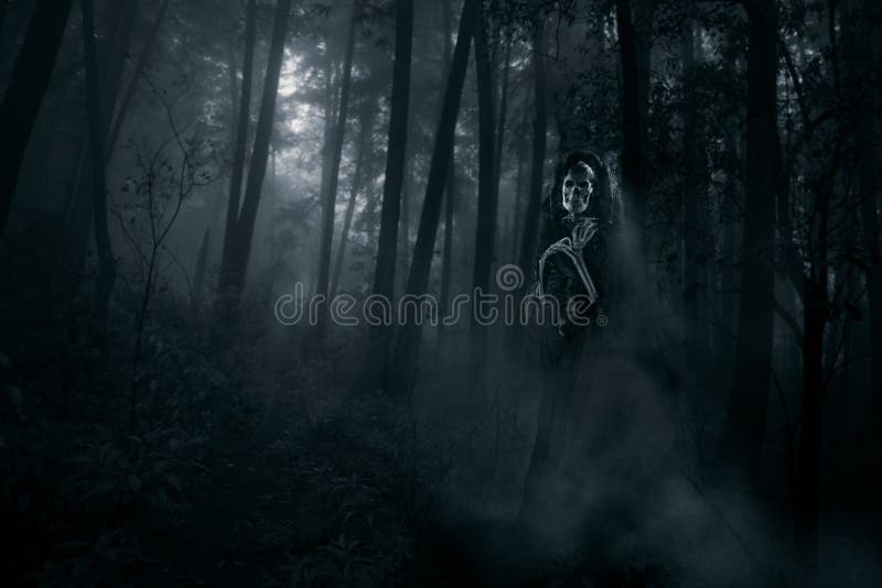 Eng spook in het hout stock afbeelding. Afbeelding bestaande uit foggy ...