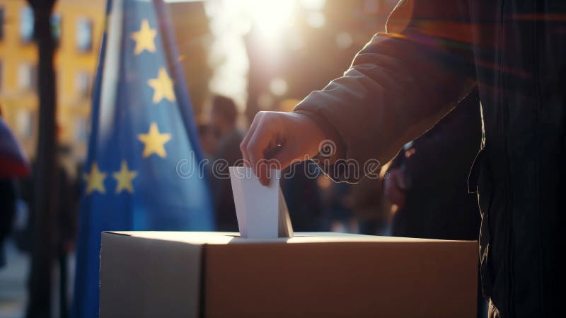 Engaged Citizen Casting Vote on Election Day with EU Flag Background ...