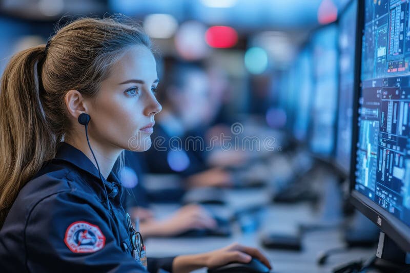 Engaged Female Operator Working in High-Tech Control Room, Focused on ...