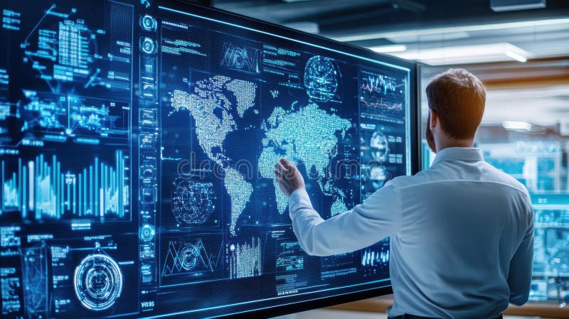 An Engaged Professional Interacts with a Digital Map on a Futuristic ...