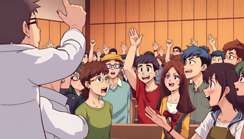 Engaged Students Raise Hands in Anime Style Lecture Hall with Wood ...