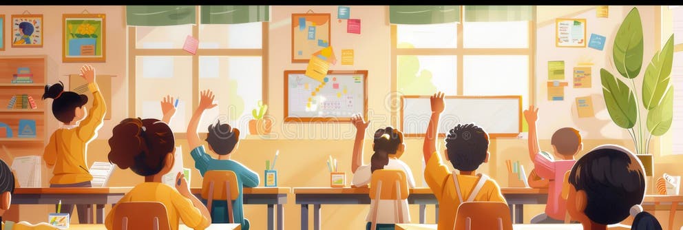 Engaged Students Raising Hands in a Colorful Classroom Full of ...