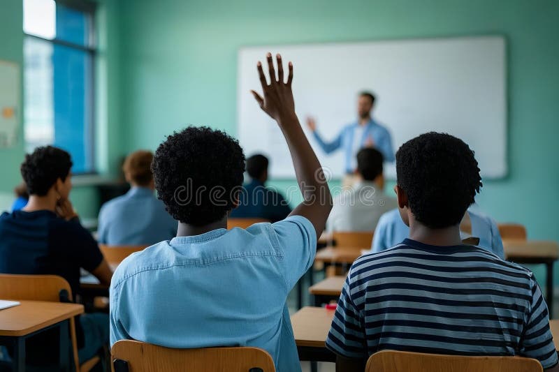 Engaged Students Raising Hands Interactive Classroom Stock Photos ...