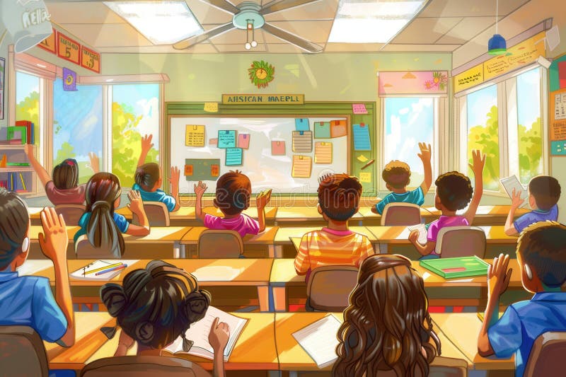 Engaged Students Raising Hands in a Lively Classroom Setting with ...