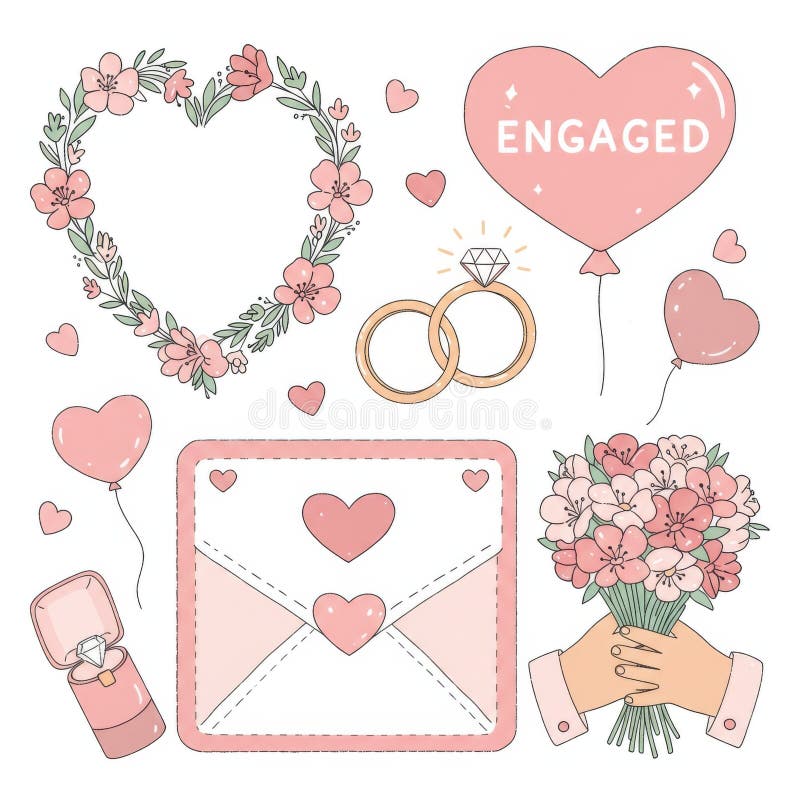 Engaged Themed Wedding Graphics Pink Hearts and Flowers on White ...