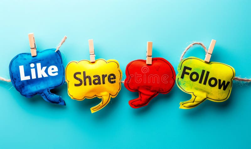 Engagement Concept with Like, Share, Follow Speech Bubbles Pinned on a ...