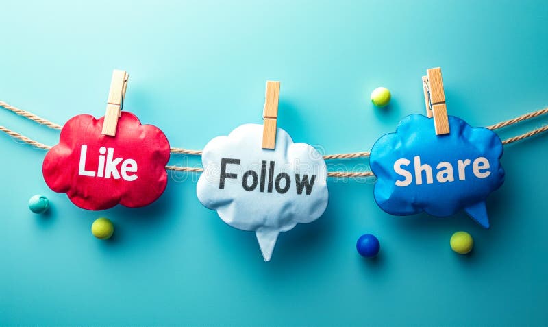Engagement Concept with Like, Share, Follow Speech Bubbles Pinned on a ...