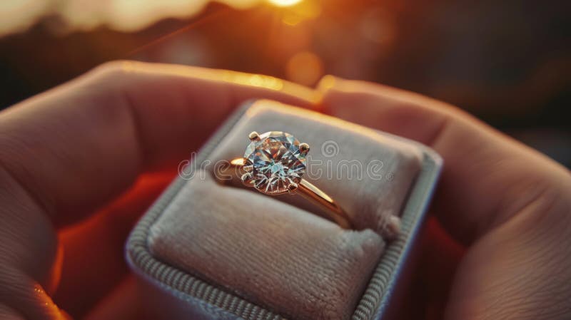 Engagement Proposal, Hand Holding Engagement Ring in Box at Sunset ...