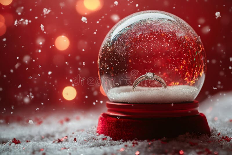 Engagement Ring Inside a Snow Globe with Falling Snow and Christmas ...
