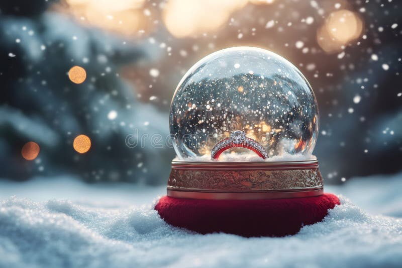 Engagement Ring Inside a Snow Globe during a Snowfall at Sunset: Winter ...