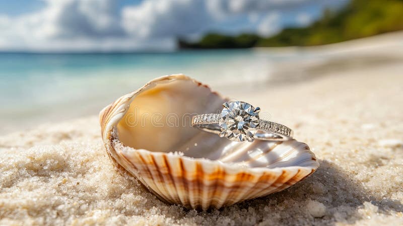 Engagement Ring in Seashell on Beach. Stock Image - Image of luxury ...