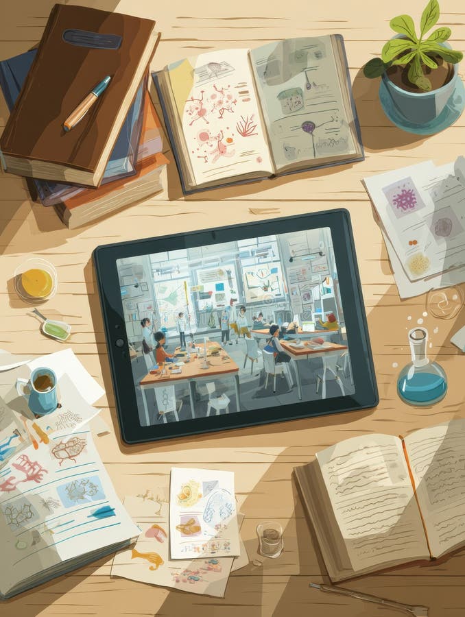 Engaging Animated Biology Class Displayed on Tablet Surrounded by Study ...